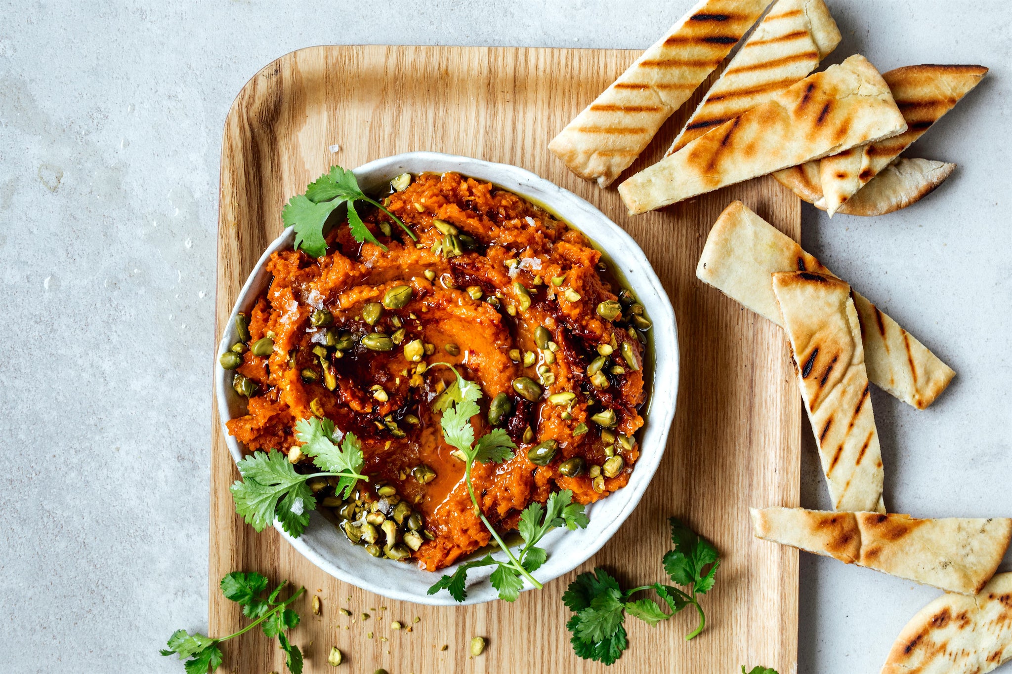 Simple recipes - crushed carrot dip spiced with coriander and harissa